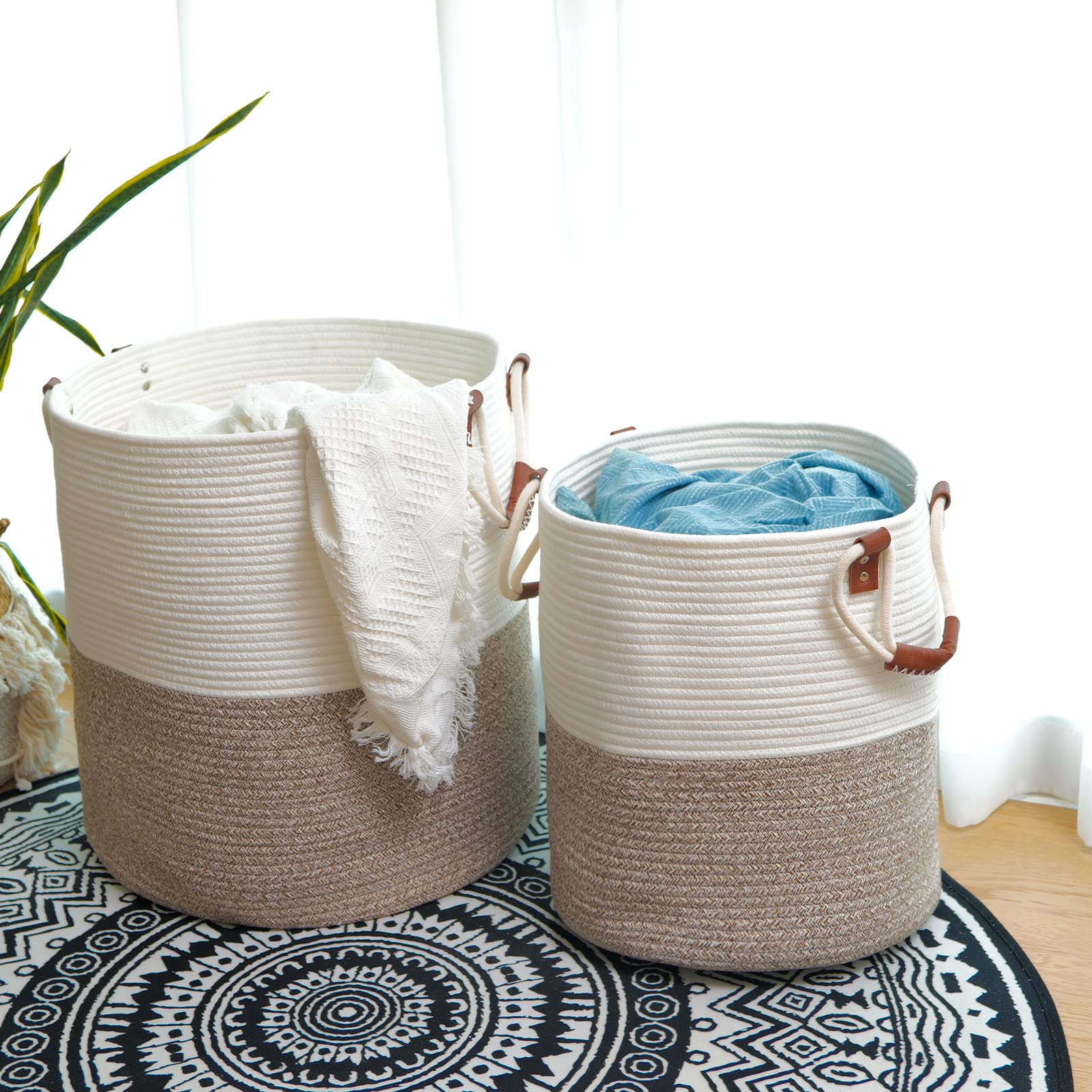 WSNYY Large Cotton Rope Basket, Storage Basket, Woven Laundry Hamper, Toy Storage Bin, Nursery Storage Basket, Baby Bin Organizer, White & Brown, 17x19 Inches