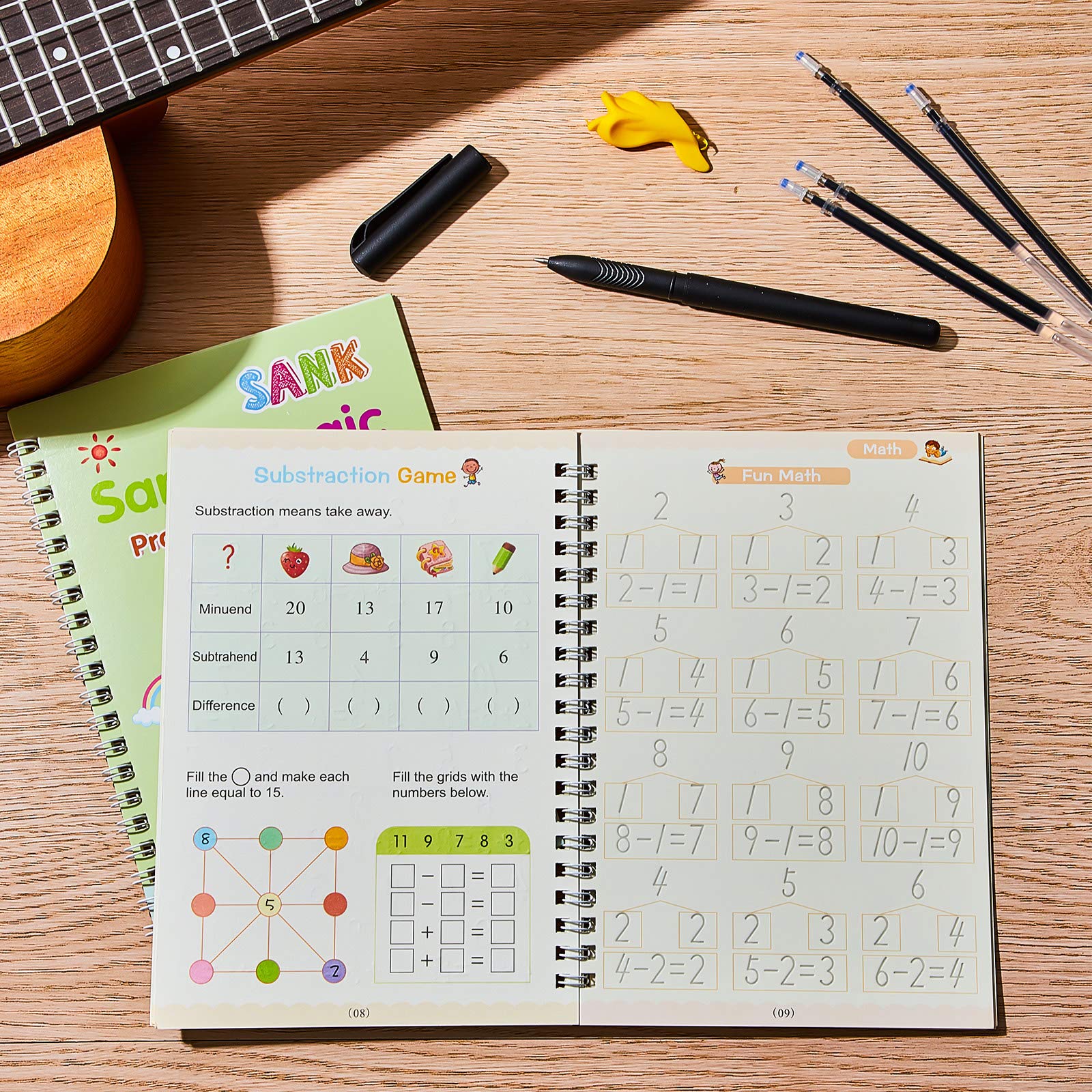 2 Pieces Magic Practice Copybook Magic Writing Paste Practical Reusable Writing Tool Workbook with Pens Set for Kid Calligraphic Christmas Gifts (Number and Math)