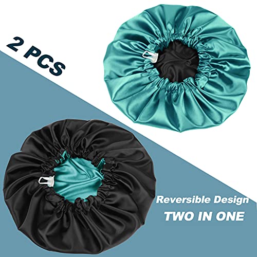 2Pack Satin Bonnet for Sleeping Silk Bonnet Hair Bonnets Cap, Double use Extra Large Double Layer Reversible Adjustable, Sleep Bonnet Used to Keep Hair Dry During Sleep. Green-Blue
