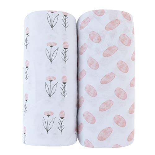 Adrienne Vittadini Bambini Jersey Cotton Standard Crib Sheets 2 Pack Watercolor Floral & Ovals, Pink