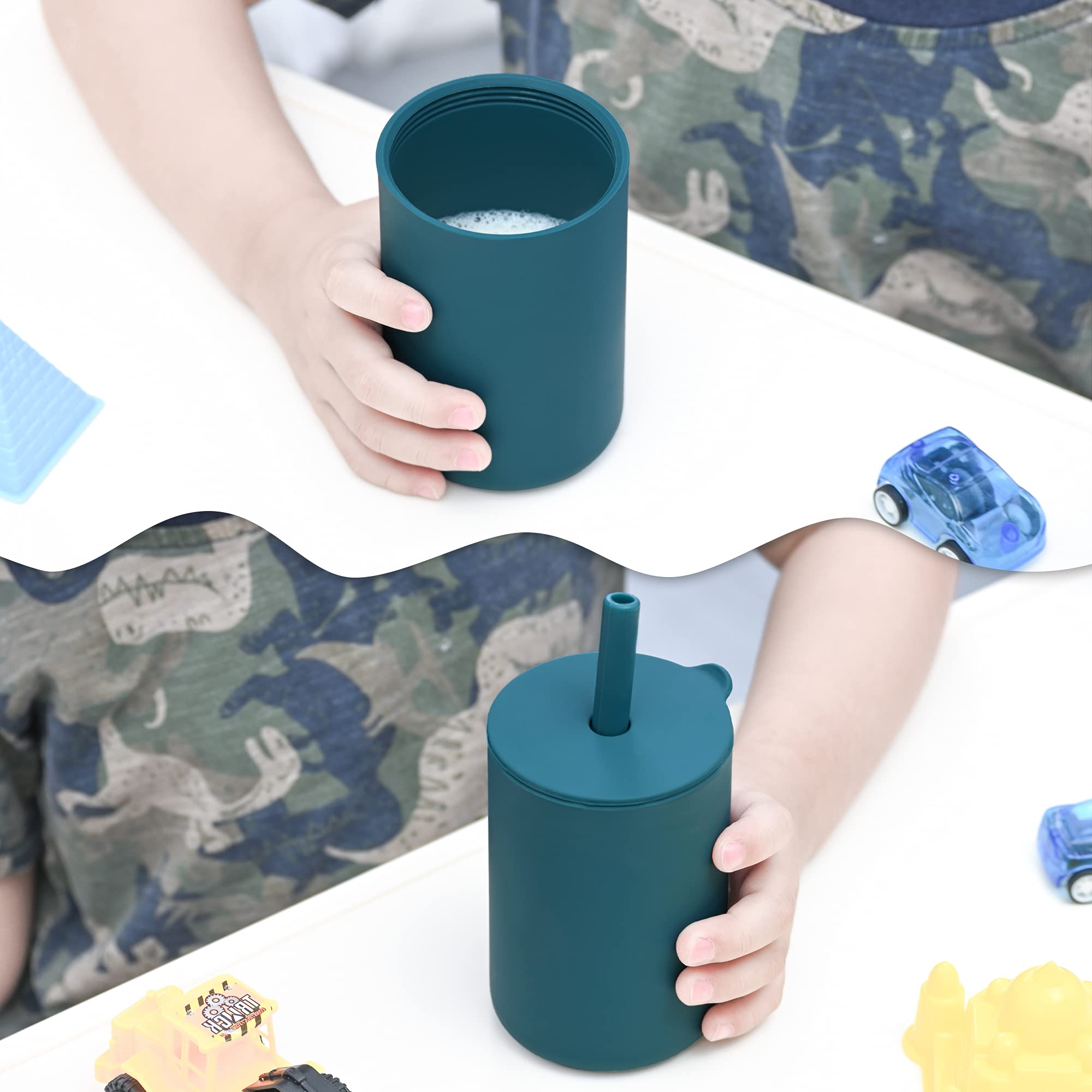 JOYIT Silicone Toddler Open Cup with Straw, Silicone Open Mouth Cup for Baby 6 oz, Baby Training Cup (Hamburger-Ocean Blue)