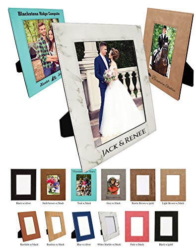 Griffco Supply Leatherette Personalized Picture Frame - Custom photo frame available in tons of colors - Up to 3 lines of text engraved (4x6 Portrait, Black w/silver text)