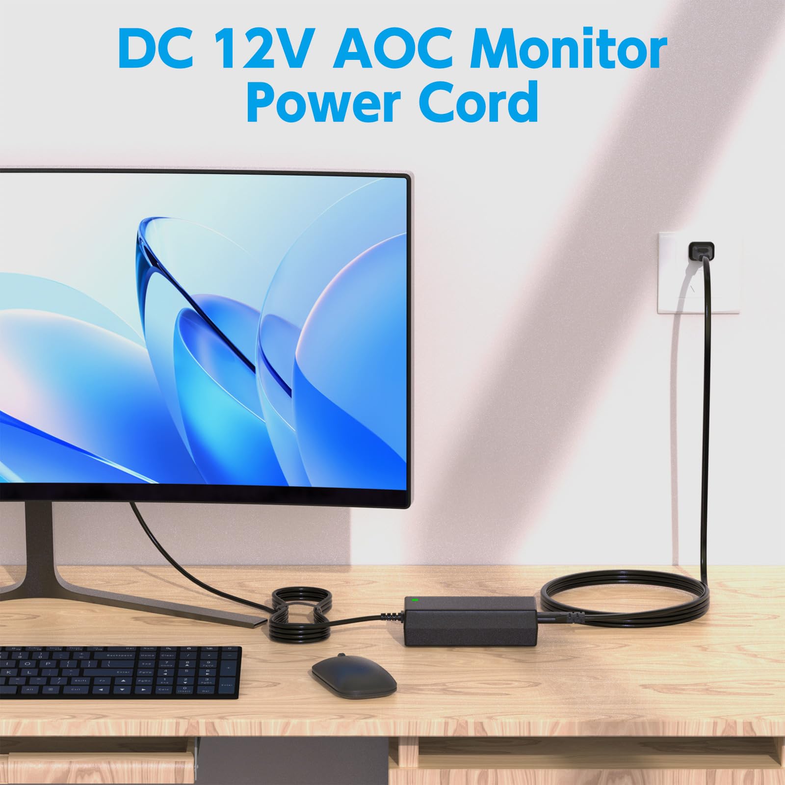 12V Power Cord for AOC Monitor 16" 20" 22" 23" 24" 27"; E1659FWU, E2043FK, E2243FW, E2243FWK, E2343FK, LM520, LM720, LM729, LM800, LM914; HP 2011X 2211X 2311X Replacement Power Supply Cord