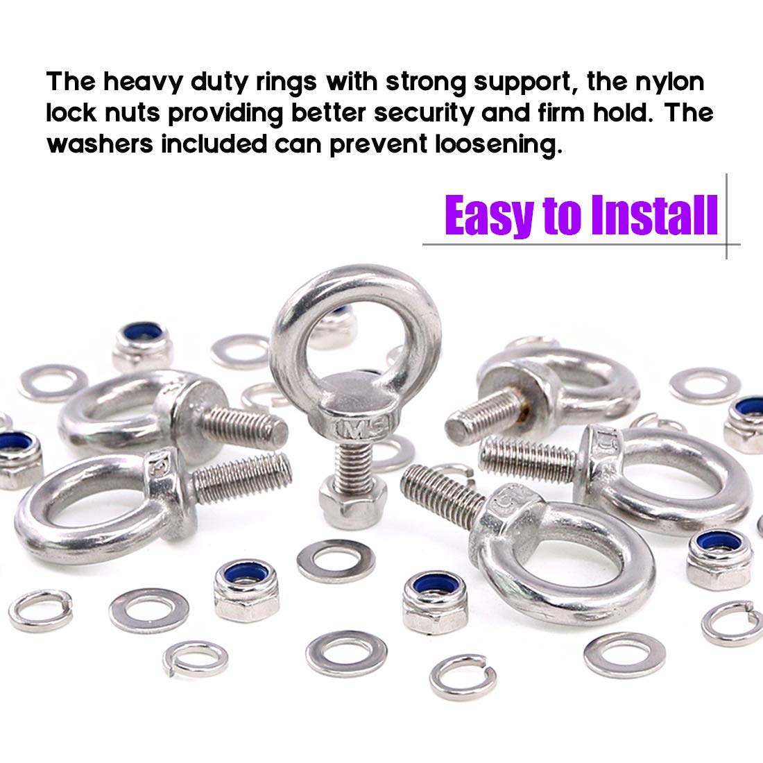 36Pcs 304 Stainless Steel M5 Male Thread Lifting Ring Eye Bolt Kit, Including 6Pcs M5 Eye Bolt with 10Pcs Lock Nuts, 10Pcs Lock Washers and 10Pcs Flat Washers