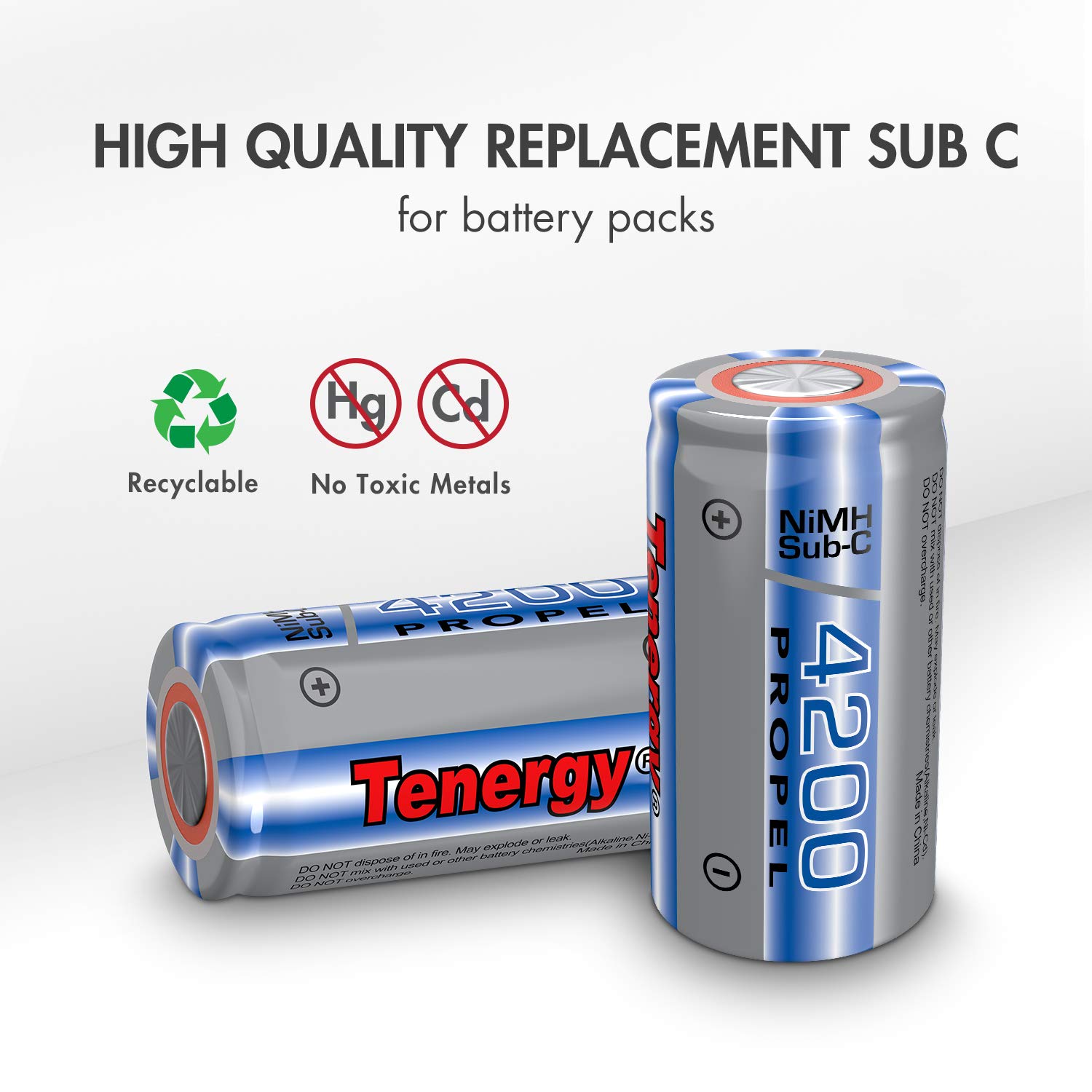 Tenergy NiMH SubC 1.2V 4200mAh, Flat Top Rechargeable Batteries, 10 Pack