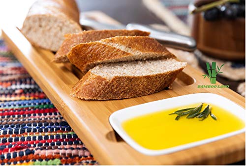 Bamboo Land- Bamboo Sweep Off Baguette Board with Bread Crumb Catcher and Ceramic Dipping Dish, 18β x 7β, Bread Cutting Board with Crumb Catcher, Board for Cutting Bread, Bread Cutter Knife
