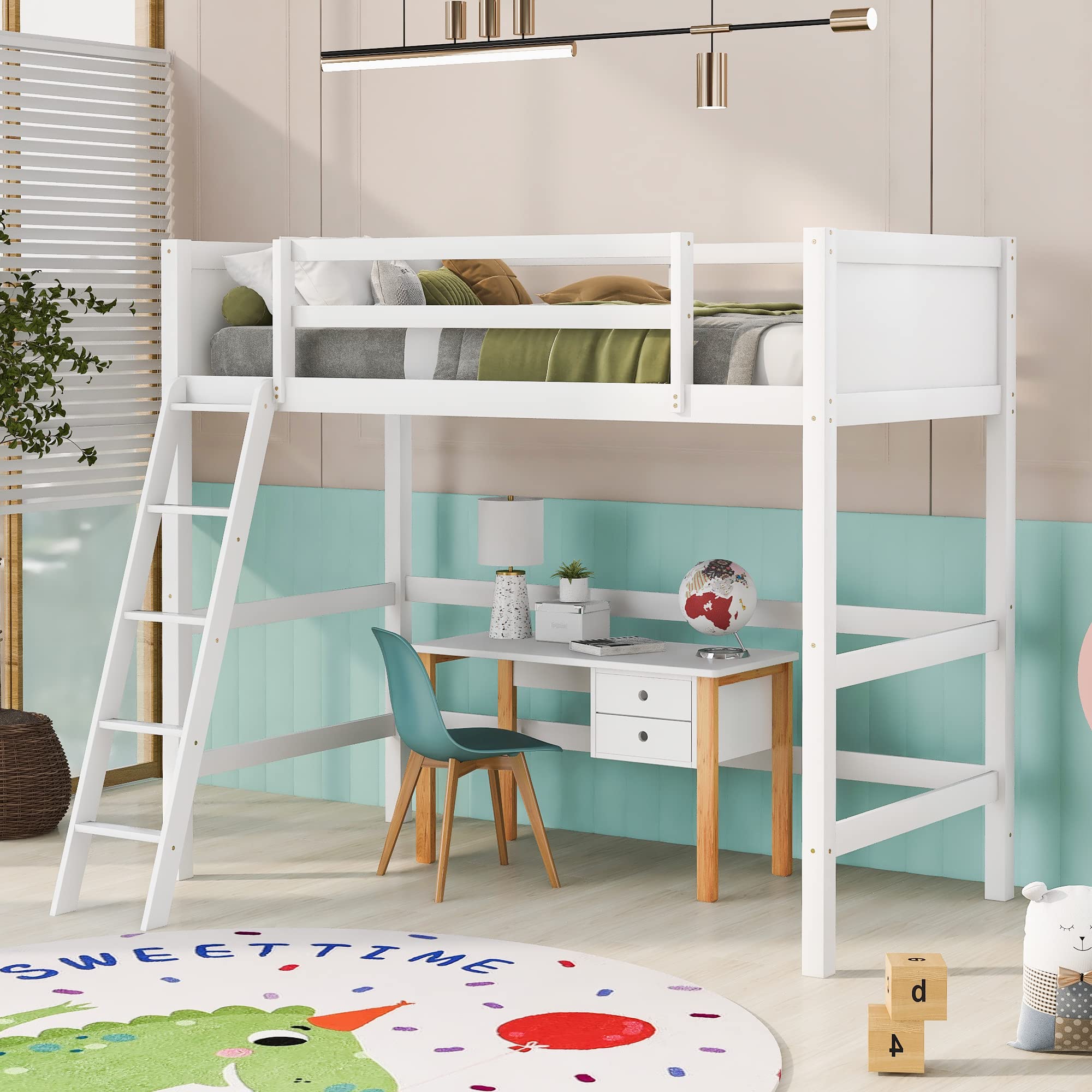 Harper & Bright Designs Twin Size Loft Bed with Inclined Ladder, Solid Wood Loft Bed Twin Frame with Full Length Guardrails for Kids Adults Boys Girls Teens, No Box Spring Needed (White)