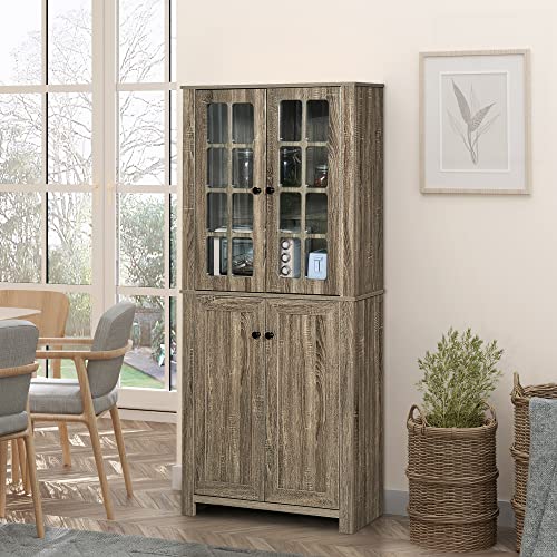 HOMCOM 71" Freestanding Kitchen Pantry Cabinet with Glass Door and Shelves, Tall Cupboard for Dining Room, Living Room, Natural