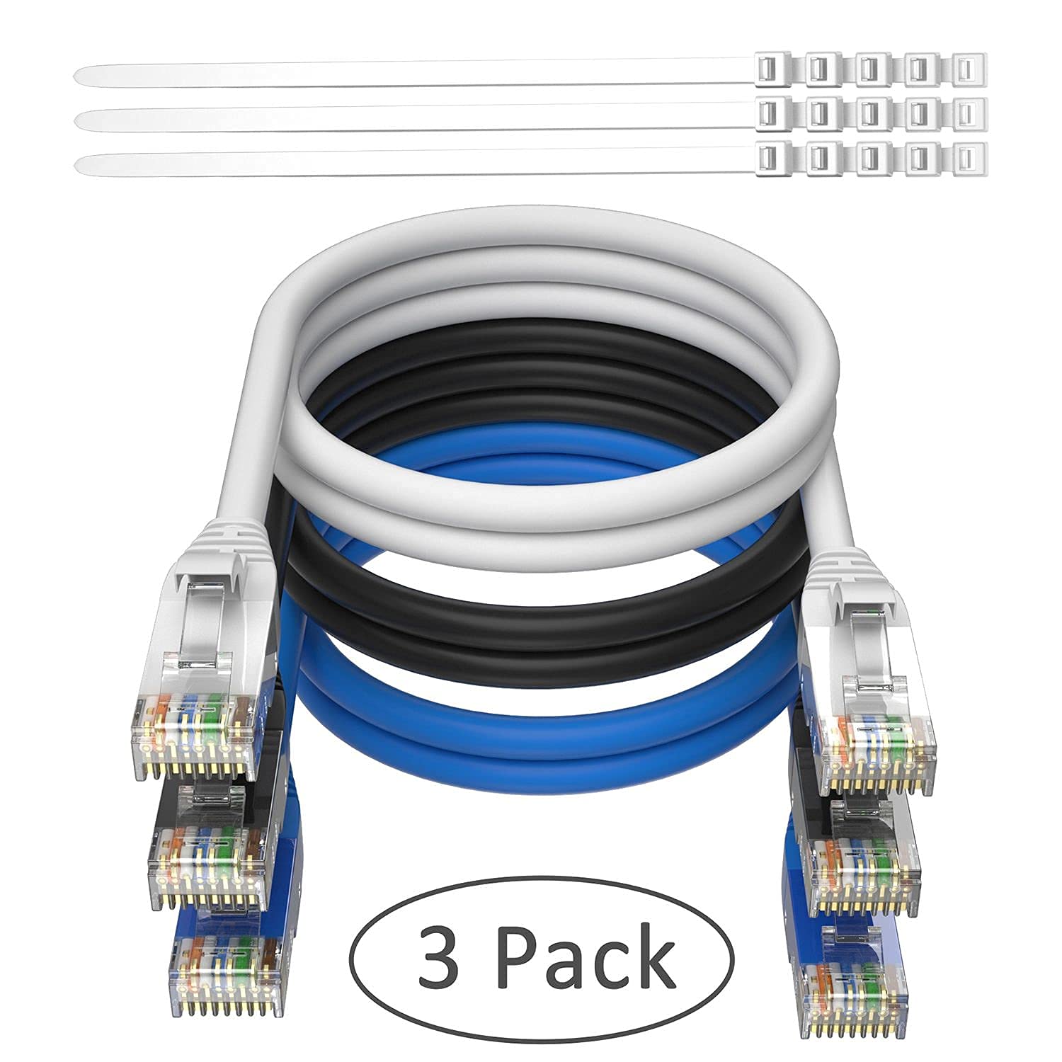Adoreen Cat 6 Ethernet Cable 2 Ft-3 Pack,High Speed Short Patch Cables Network Cables, Soft Flexible Cat6 RJ45 LAN Internet Cable Cord Faster Than Cat 5e 5 Cable+15 Ties-Black+White+Blue