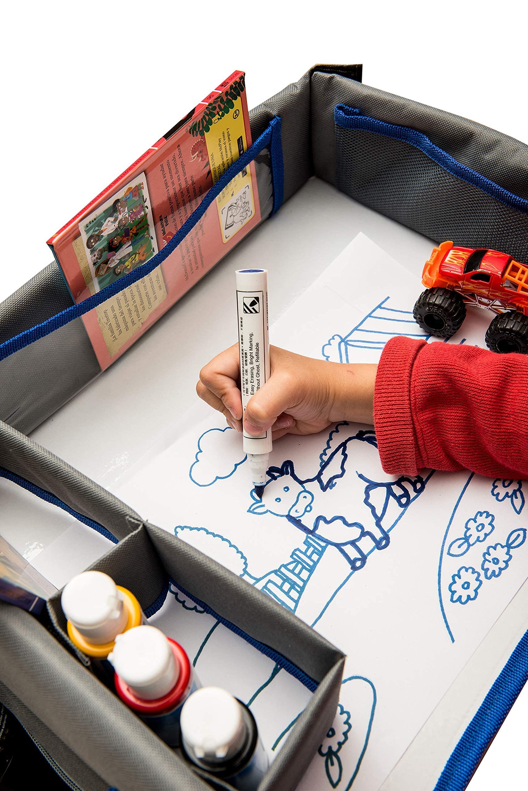 ADVO Kids Travel Tray Car Seat - Activity and Play Tray Organizer for Children and Toddlers, Lap Desk with Tablet Phone Holder, Waterproof and Foldable Whiteboard (Grey)