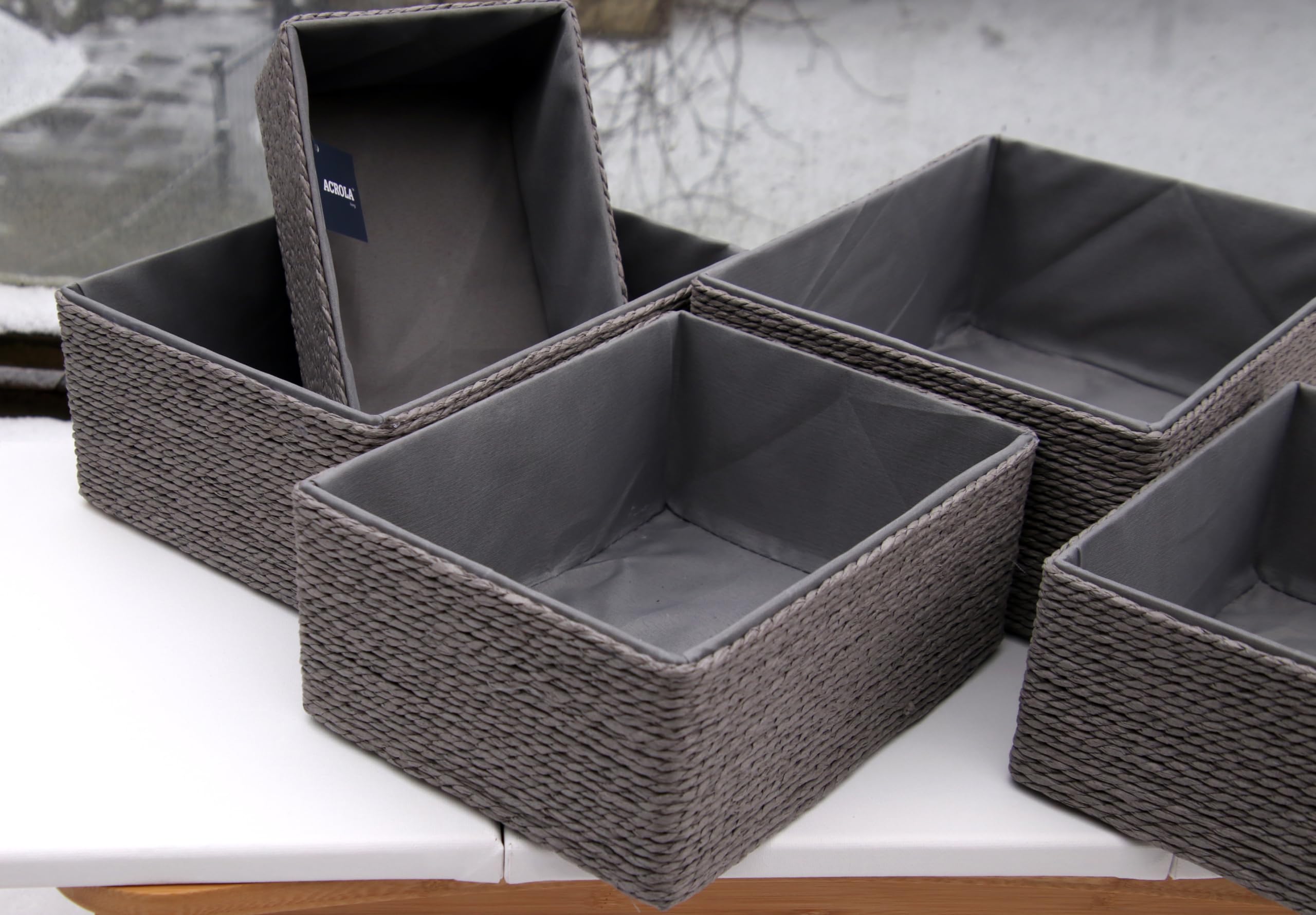 Acrola Premium 5-Pack Woven Paper Rope Storage Baskets, Multi-Size, Stackable, Versatile Organziers, Decorative Bins with Durable Fabric Liner for Home, Office, Nursery, and Bathroom, ST05002 (Grey)