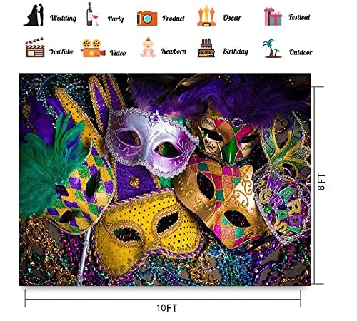 10X8FT Mardi Gras Theme Photography Backdrop Masquerade Backgrounds Birthday Dancing Party Photo Booth for Wedding Bachelorette Party Decorations Banner