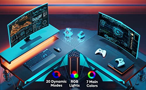Bestier LED Gaming Desk 55" L Shaped Computer Corner Desk with 2 Cup Holders 2 Headset Hooks 36" Large Monitor Shelf Home Office Desk Bedroom Reversible 72" Long Desk for 2 Persons, Black