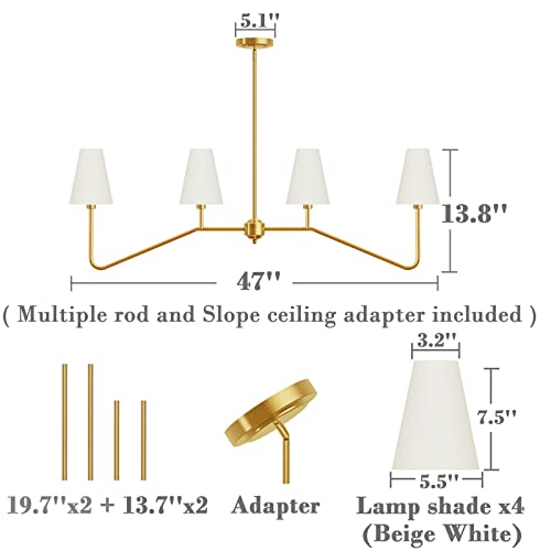 Electro bp;47" W 4-Light Linear Kitchen Island Lighting Fixture Classic Chandeliers Polished Gold with White Linen Shades 160W