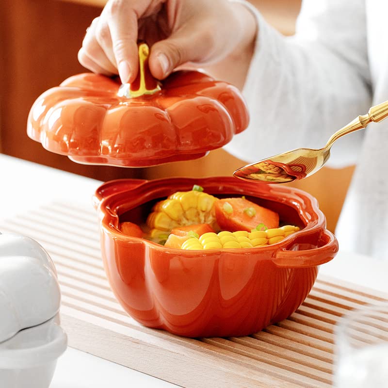 123Arts Ceramic Pumpkin Shape Soup Bowl Salad Bowl Dessert Bowl with Lid and Double Handles