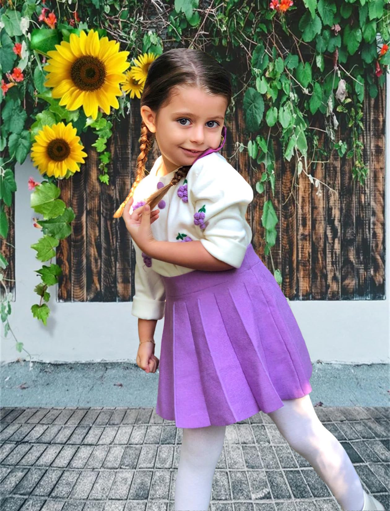 Balatale Toddler Girls Fall Outfits Buttons Sweater Tops Mini Skirt Set 2Pcs Long Sleeve Autumn Winter Clothes Set Purple 12-18Mth