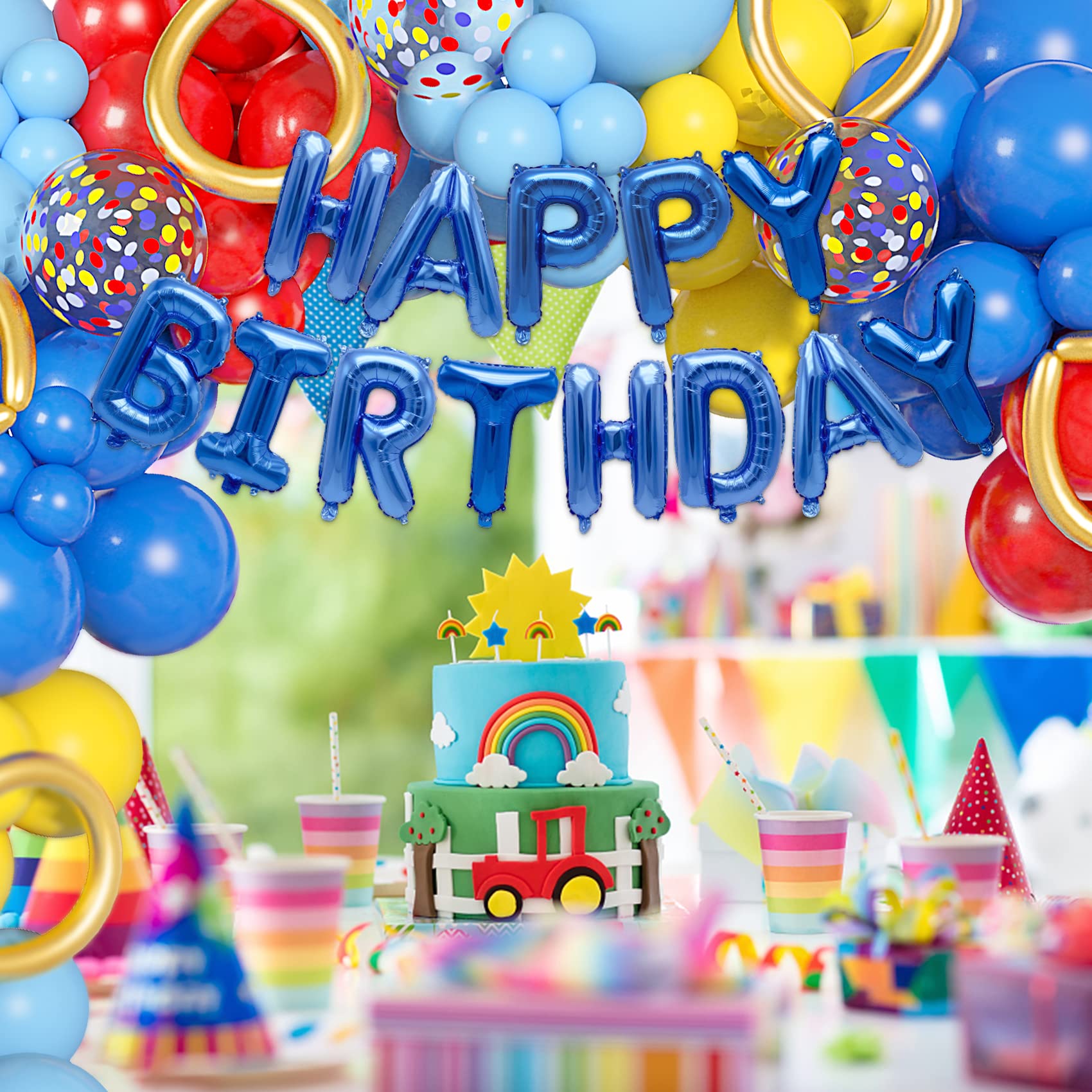 123Pcs Red Yellow Blue Balloons Garland Includes Foil Confetti Mixed Sizes Latex Balloon for Birthday Decorations, Baby Shower, Carnival, Circus, Party Supplies, Backdrop Decor