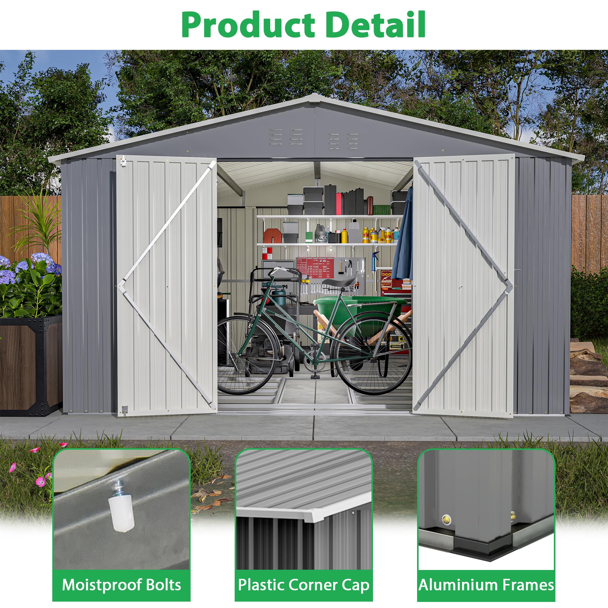 11' x 13' Outdoor Metal Storage Shed with Floor Frame Base, Galvanized Steel Garden Shed with 4 Vents, Tool Storage Shed for Backyard, Patio, Lawn