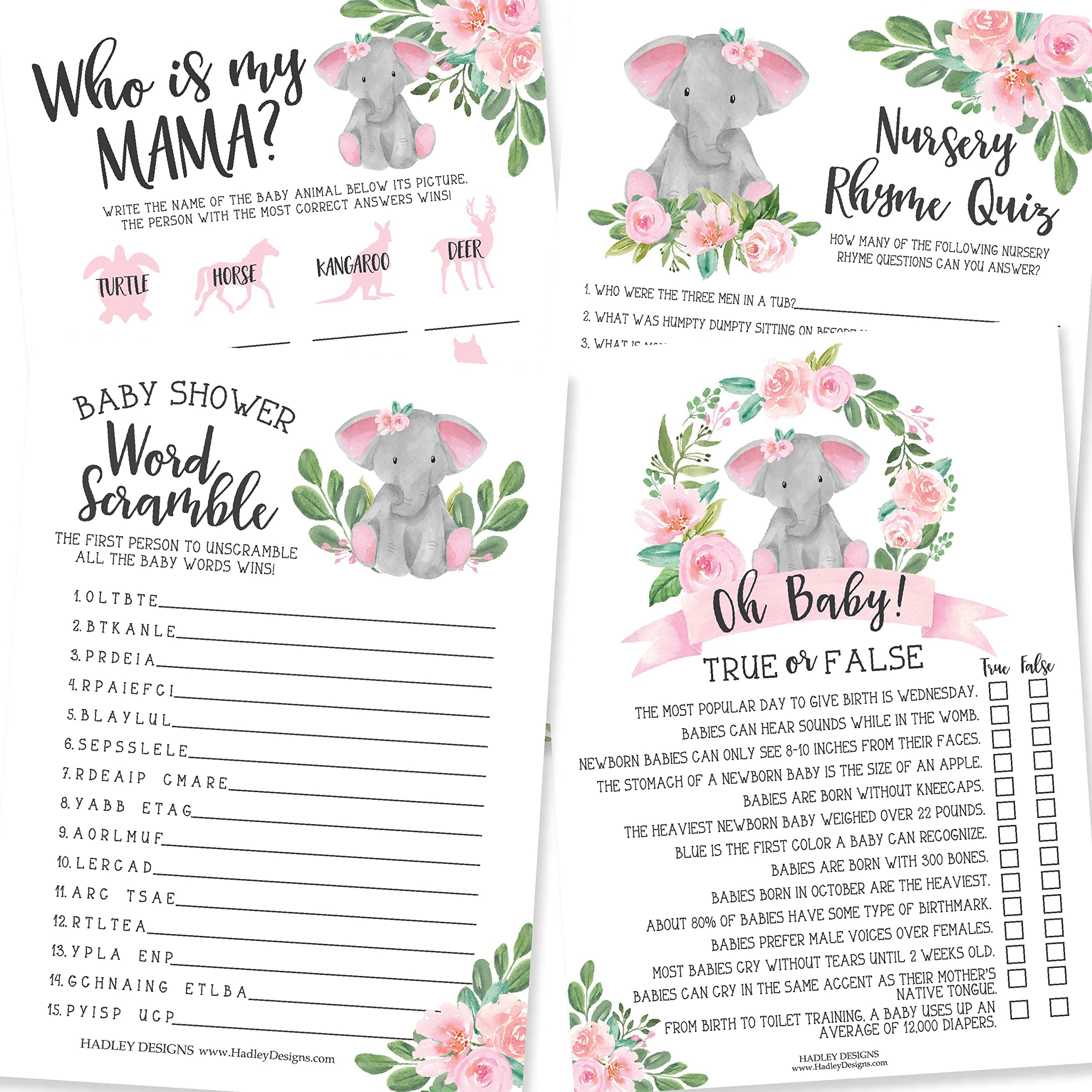 25 Elephant Word Scramble For Baby Shower, 25 True Or False Game, 25 Baby Animal Matching, 25 Nursery Rhyme Game - 4 Double Sided Cards Baby Shower Ideas, Baby Shower Party Supplies