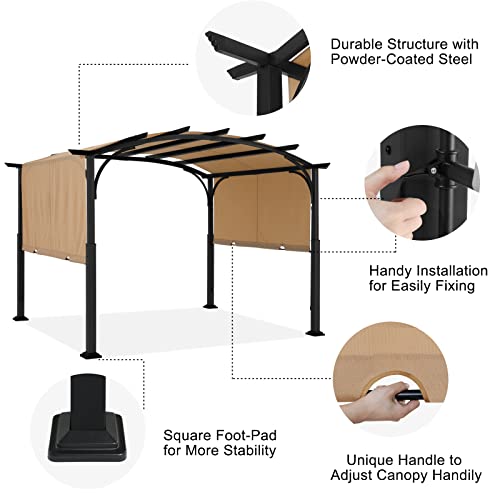 ABCCANOPY Outdoor Pergola 10'x10', Arched Patio Pergola with Retractable Sun Shade, Beige