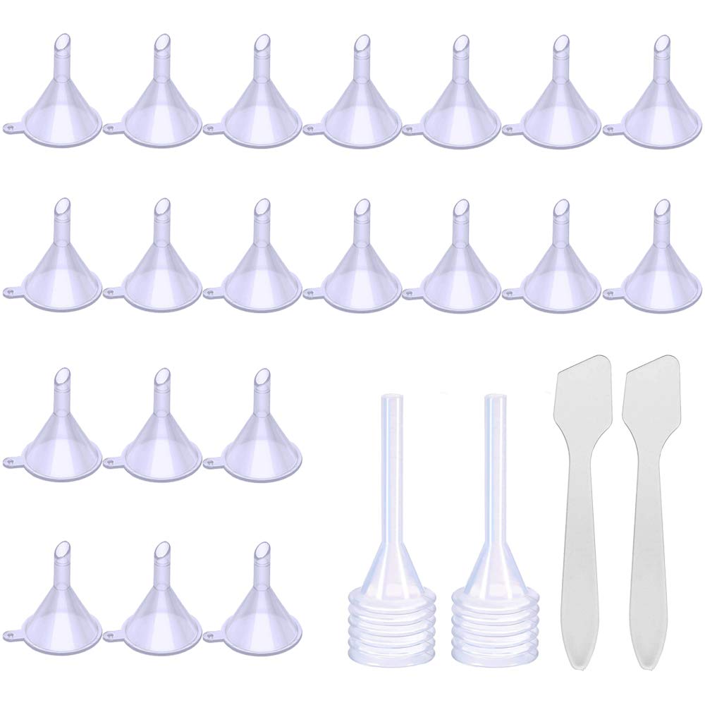 20 Pack Mini Clear Plastic Funnels with 2 Pcs Mini Pipette and Spoon for Filling Small Bottles or Containers Atomizers Perfume Liquid Essential Oils Spice Powder Lab Lotion Craft Spice