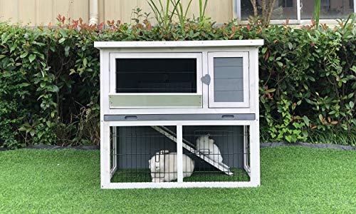Hanover Outdoor Wooden 2-Story Rabbit Hutch with Ramp, Wire Mesh Run, Cage, Waterproof Roof, Removable Tray - HANRH0103-GRY