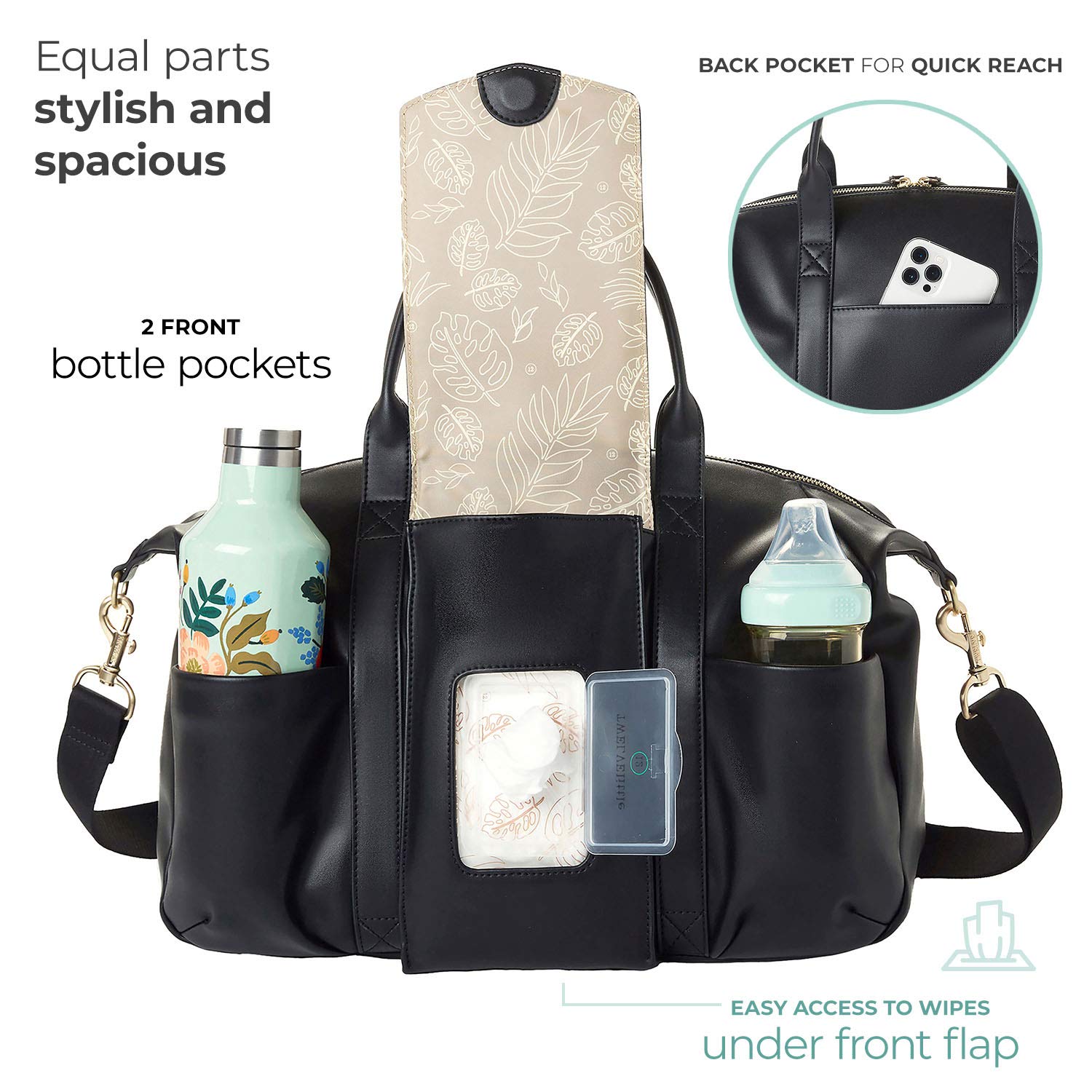 TWELVElittle Peek A Boo Vegan Leather Satchel Diaperbag - Baby Bag with Wipes Pouch, Stroller clips and Diaper Changing Mat, Black, Vegan Leather