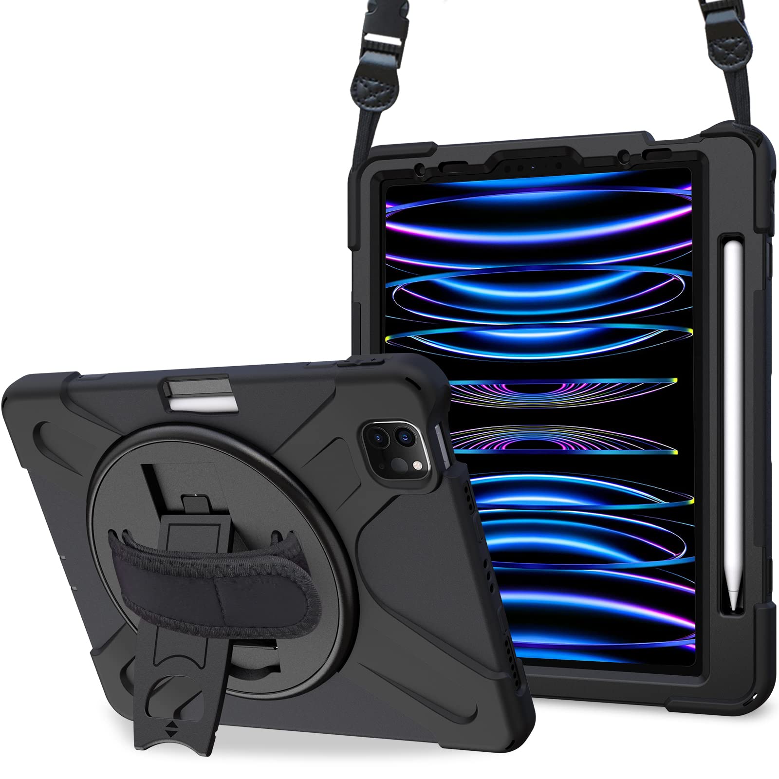 ProCase for iPad Pro 11 Inch Case 2022 2021 2020 2018, Rugged Heavy Duty Shockproof Cover with Hand Strap Shoulder Strap for iPad Pro 11" 4th 3rd 2nd 1st Generation -Black