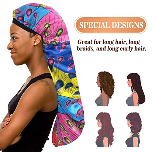 2Pcs Long Braids Satin Bonnet,Soft Comfortable Elastic Band Silky Satin Sleep Cap for Long Hair,Braids,Curly Hair,Night Sleep(Colorful Peacock)