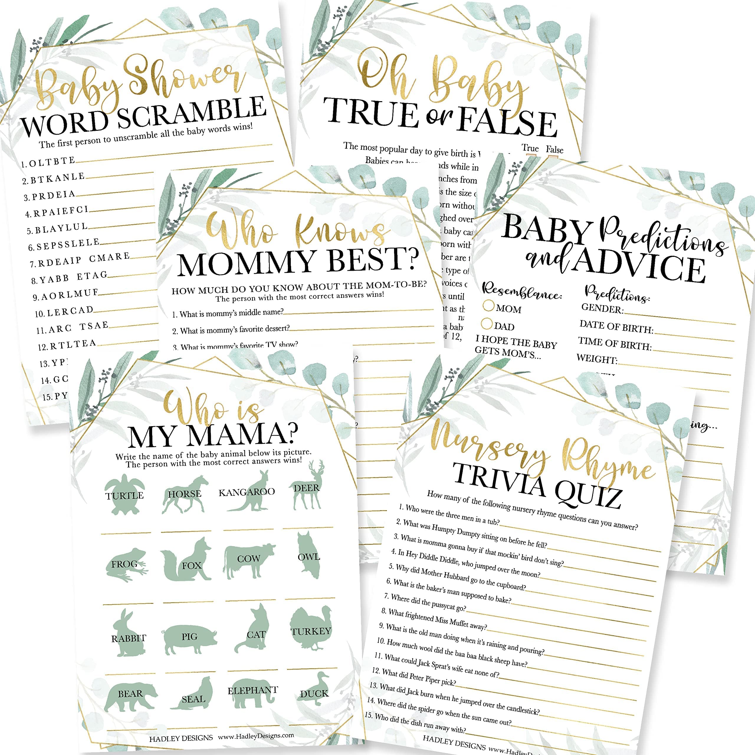25 Greenery Animal Matching, 25 Nursery Rhyme Game, 25 Word Scramble For Baby Shower, 25 True Or False Game, 25 Who Knows Mommy Best, 25 Baby Prediction And Advice Cards - 6 Double Sided Cards