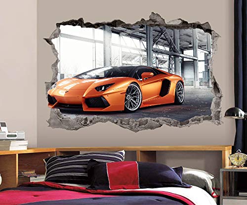 Lamborghini Wall Decal Smashed 3D Graphic Wall Sticker Art Mural Poster Kids Room Decor Gift UP29 (36"W x 24"H)