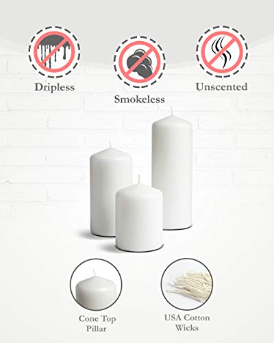 Cone Top Pillar Candles by Bask - Set of 3-3" x 4", 6", and 8" Dripless Unscented Candles in White for Home Decor, Relaxation & All Occasions