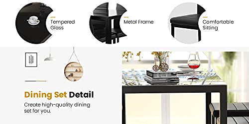 DKLGG 5-Piece Kitchen Table Set for Dining Room, 4 Faux Leather Metal Frame Chairs, Dinette, Compact Space w/Glass Tabletop, 47.25'' L x 27.56'' W x 29.5'' H, Black…