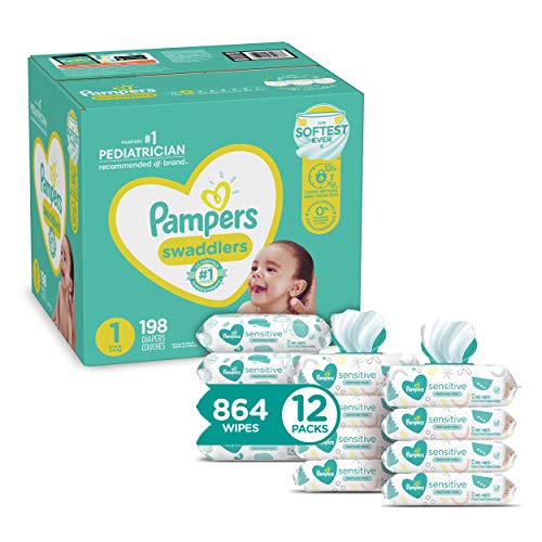 Diapers Newborn/Size 1 (8-14 lb), 198 Count and Baby Wipes - Pampers Swaddlers Disposable Baby Diapers, ONE Month Supply with Pampers Sensitive Water Baby Wipes, 12X Pop-Top Packs, 864 Count