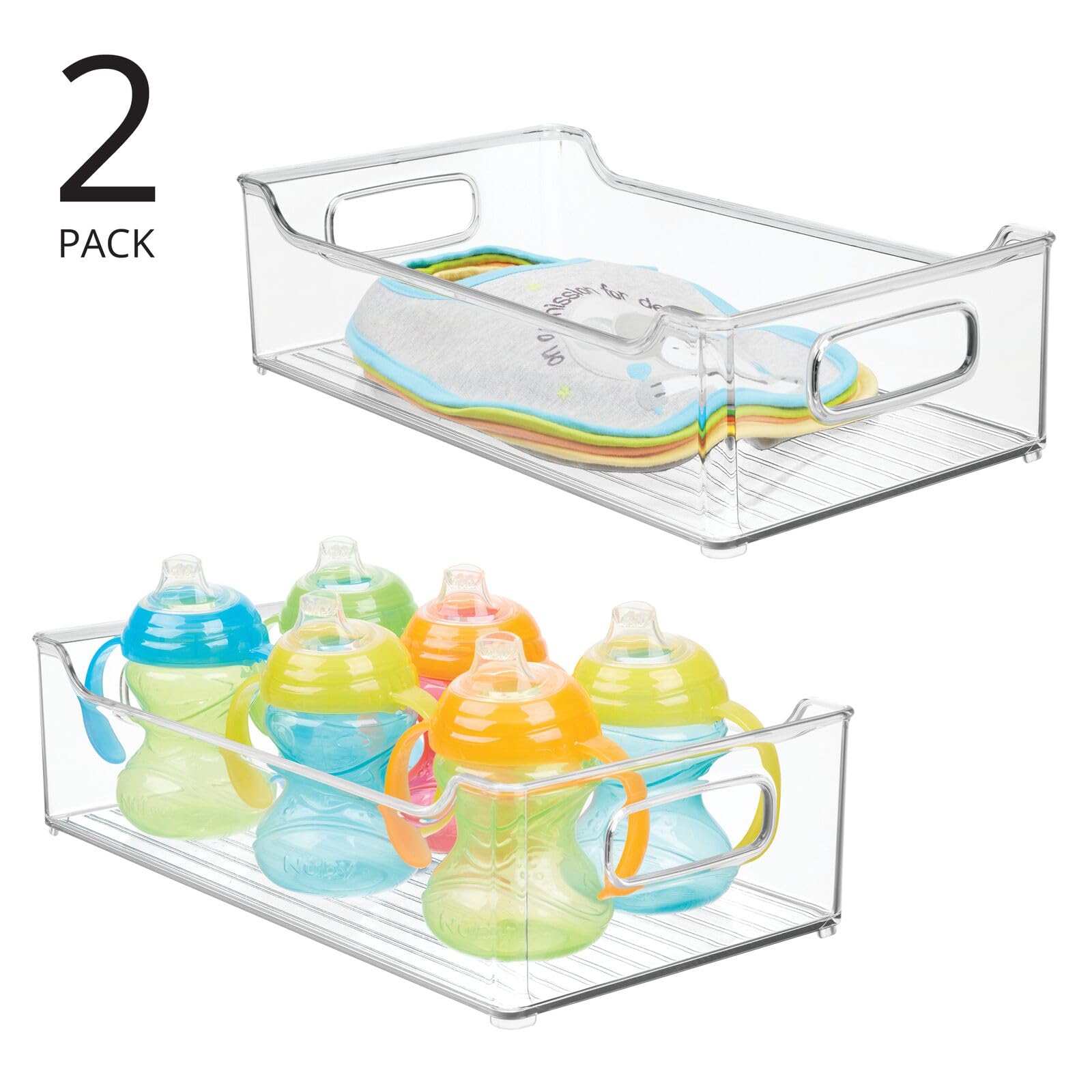 mDesign Wide Plastic Nursery Storage Container Bins with Handles for Organization in Cabinet, Closet or Cubby Shelves - Organizer for Baby Food, Bibs, Formula, and Burp Cloths - 2 Pack - Clear
