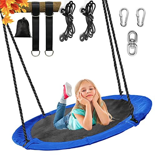 43ā Saucer Tree Swing,700lbs Weight Capacity,Waterproof Textilene 360 Degree Rotation w/ 1 Swivel,2 Adjustable Ropes&2 Hanging Straps,Easy to Install,for Kids Adults Backyard,Playground(Blue)