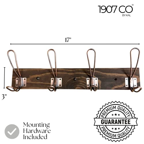 1907 CO Rustic Coat Rack with 4 Hanging Hooks for Hats, Jackets, Hats or Umbrellas, Heavy Duty Wooden Farmhouse Wall Mount, Entryway, Living Room, Hallway, and Mudroom, 17” Long