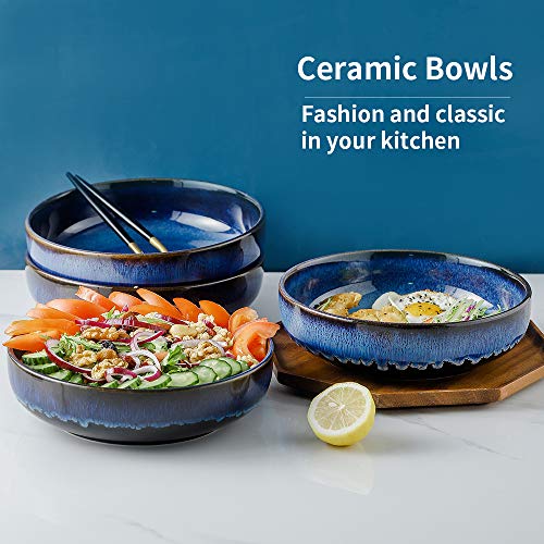 KOOV Ceramic Bowl, 46 OZ Pasta Bowls Set of 4, Large Salad Bowl Set, Large Bowl For Eating, Dinner Bowls, Stackable Serving Bowls, Reactive Glaze Series (Nebule Blue)