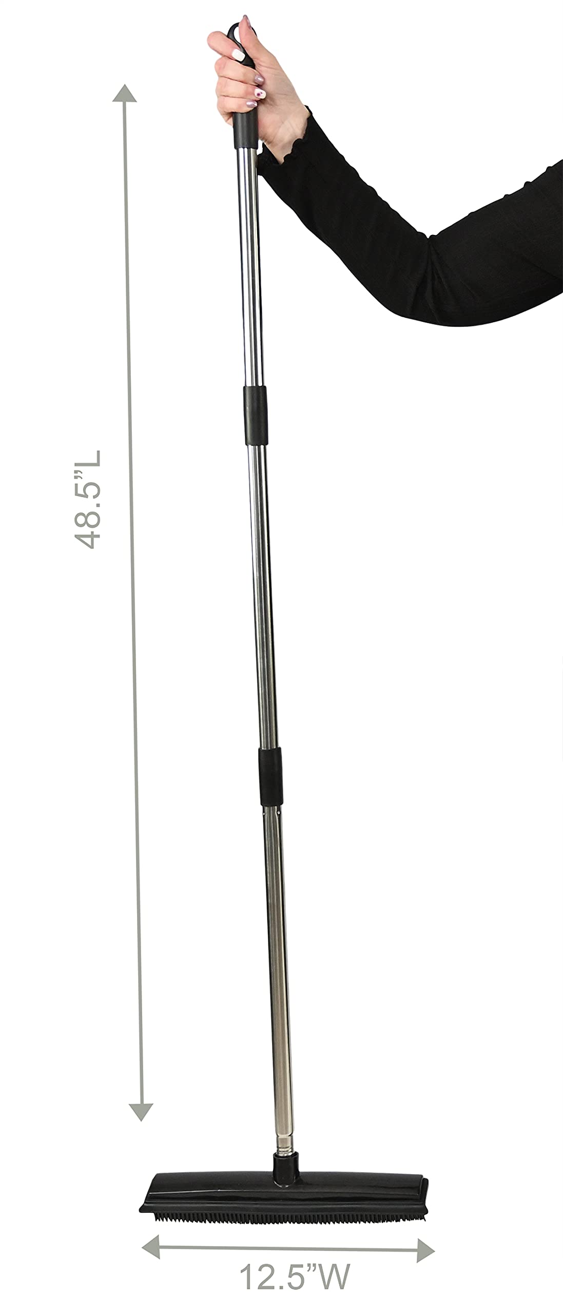 HOME-X Pet Hair Remover Broom, Carpet and Floor Broom, Adjustable Handle Length, Rubber Bristle Sweeper, Long Handled Squeegee, 48 ½” L x 12 ½” W x 2” H