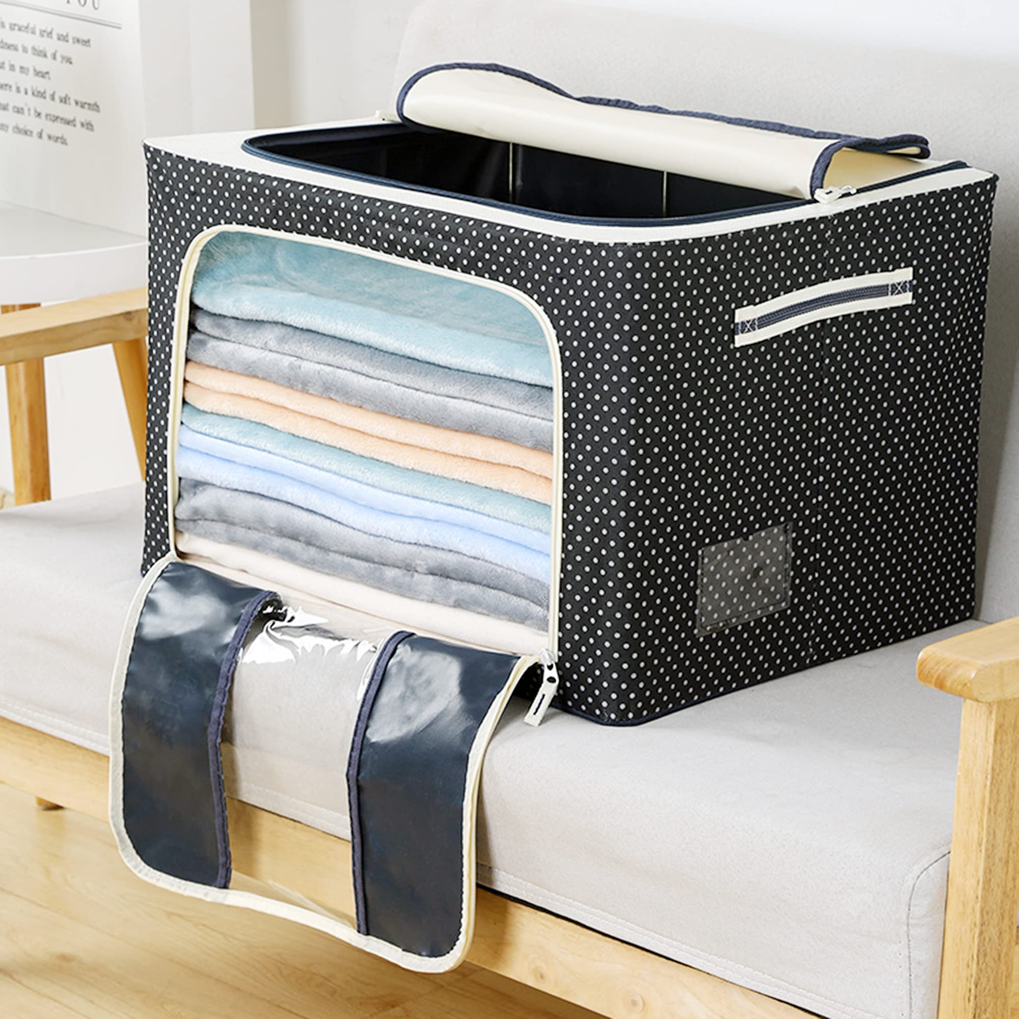 2-Pack Clothes Storage Container Set - Jmount 100L x 2 Closet Organizer Boxes With Steel Frame, Foldable Large Blanket Bins, Thick Oxford Fabric, Waterproof, Clear Window, Reinforced Handle, Zipper