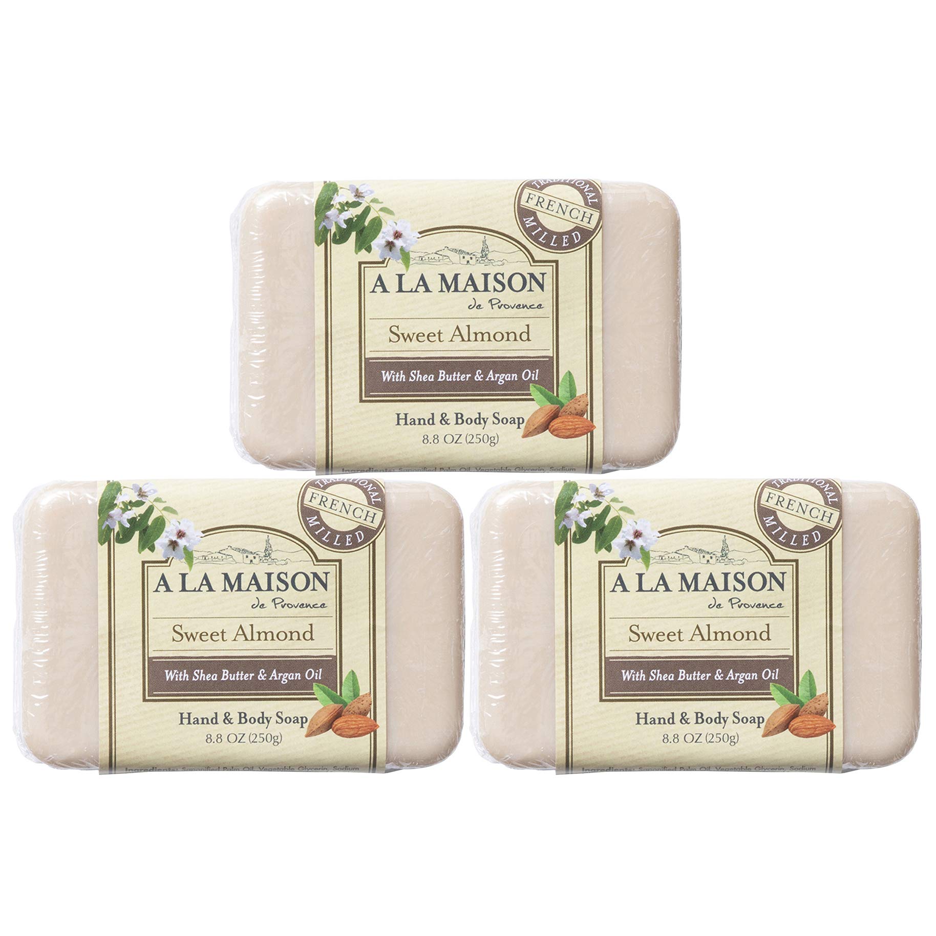 A LA MAISON Sweet Almond Bar Soap - Triple French Milled Natural Moisturizing Hand Soap Bar (3 Bars of Soap, 8.8 oz)