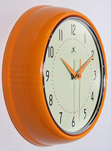 Infinity Instruments LTD. Retro 9 inch Silent Sweep Non-Ticking Mid Century Modern Kitchen Diner Wall Clock Quartz Movement Retro Wall Clock Decorative (Orange)