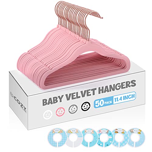 COZYMOOD Velvet Baby Hangers for Closet 50 Pack, Non-Slip Baby Clothes Hangers with 6 Pcs Cute Closet Dividers, Ultra-Thin Small Hangers for Kids Clothes Space Saving Infant & Toddler Hangers, Pink