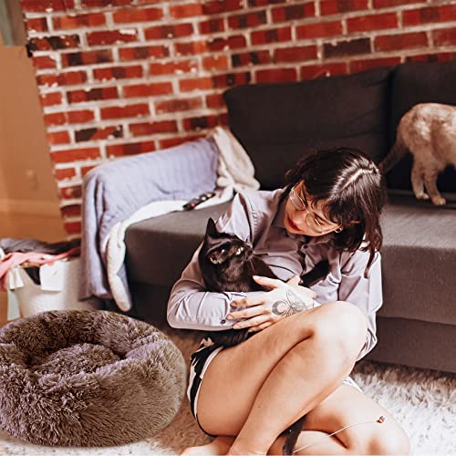 Awolf Cat Beds for Indoor Cats,24 Inch Round Donut Washable Cat Bed,Fluffy Calming Self Warming Soft Donut Cuddler Cushion Pet Bed for Small Dogs Kittens,Non-Slip