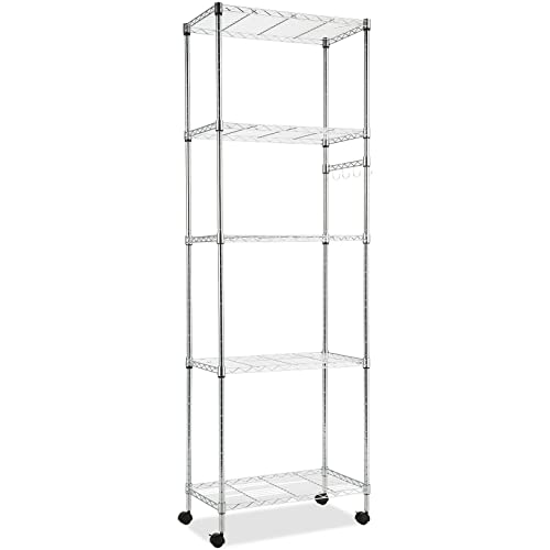 BATHWA 5-Shelf Wire Shelving Units, Sturdy Metal Shelf Chrome Organizer Wire Rack with 360° Wheels, Adjustable Utility Storage Shelves for Garage, Kitchen, Living Room, Bathroom, 23.2L x 13.8W x 72H