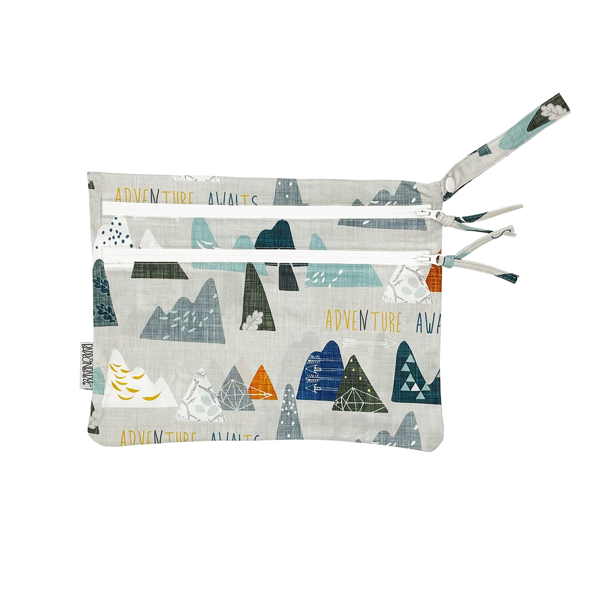 BapronBaby Adventure Awaits Wet Dry Bag - Waterproof Two Zipper Pockets - Reusable for Mealtime, Diapers, Stroller, Snacks, Swimsuits - Machine Washable - 11" x 9"