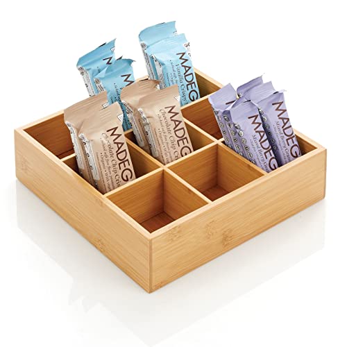 mDesign Bamboo Kitchen Pantry Storage Organizer Box - 9 Divided Sections, Open Top, Decorative Holder for Tea Bags, Snack Packets, Small Items, Accessories, Echo Collection - Natural Wood/Tan