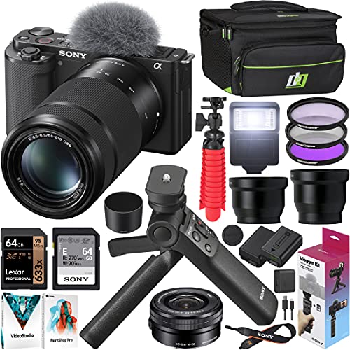 Sony ZV-E10 Mirrorless Camera 2 Lens Vlogger Kit 16-50mm + 55-210mm ILCZV-E10L/B Black Bundle with ACCVC1 Including GP-VPT2BT Grip + Filters + Wide & Telephoto Lenses + Deco Gear Case & Accessories