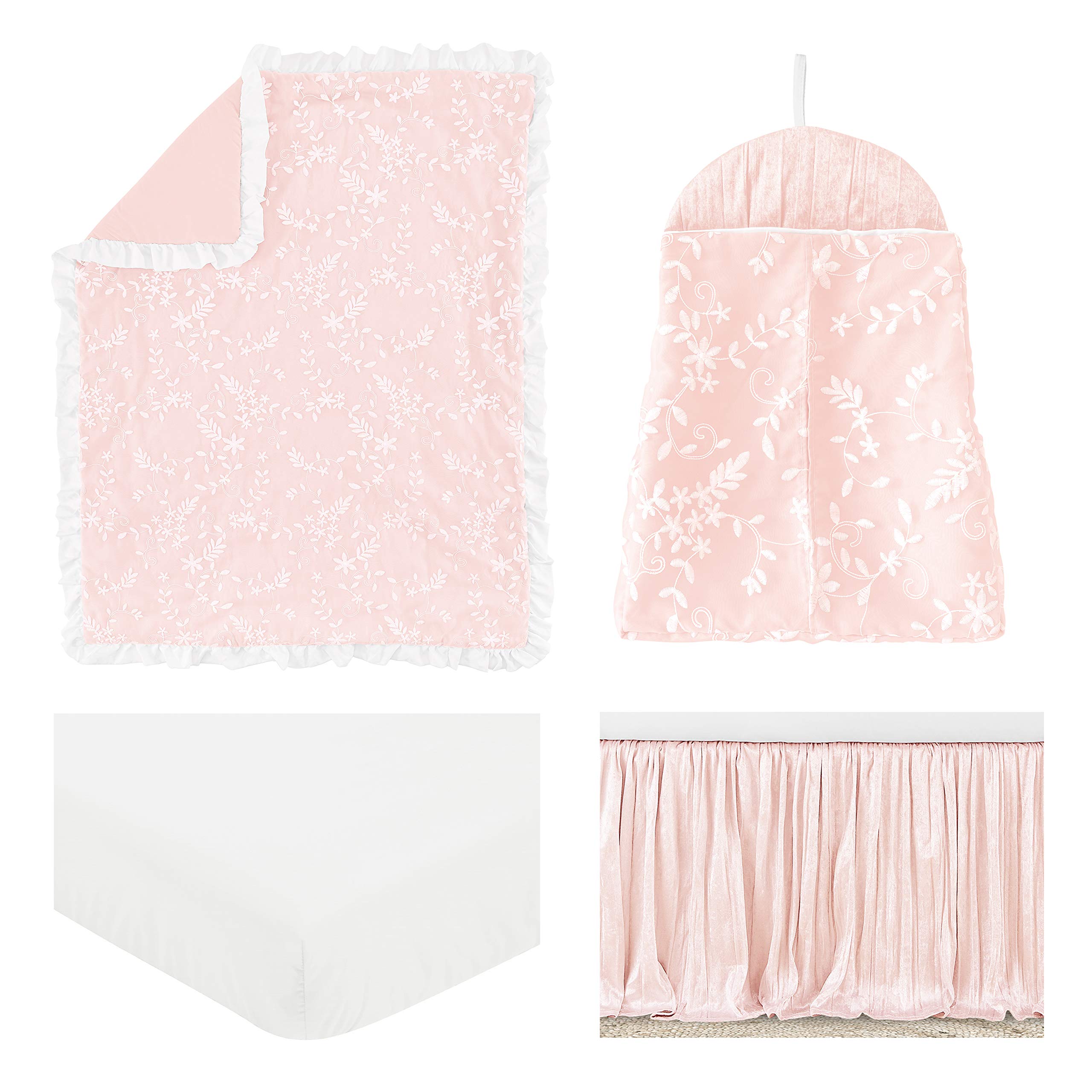 Sweet Jojo Designs Pink Floral Vintage Lace Baby Girl Nursery Crib Bedding Set - 4 pieces - Solid Light Blush Crinkle Crushed Velvet Luxurious Elegant Princess Boho Shabby Chic Luxury Flower Ruffle