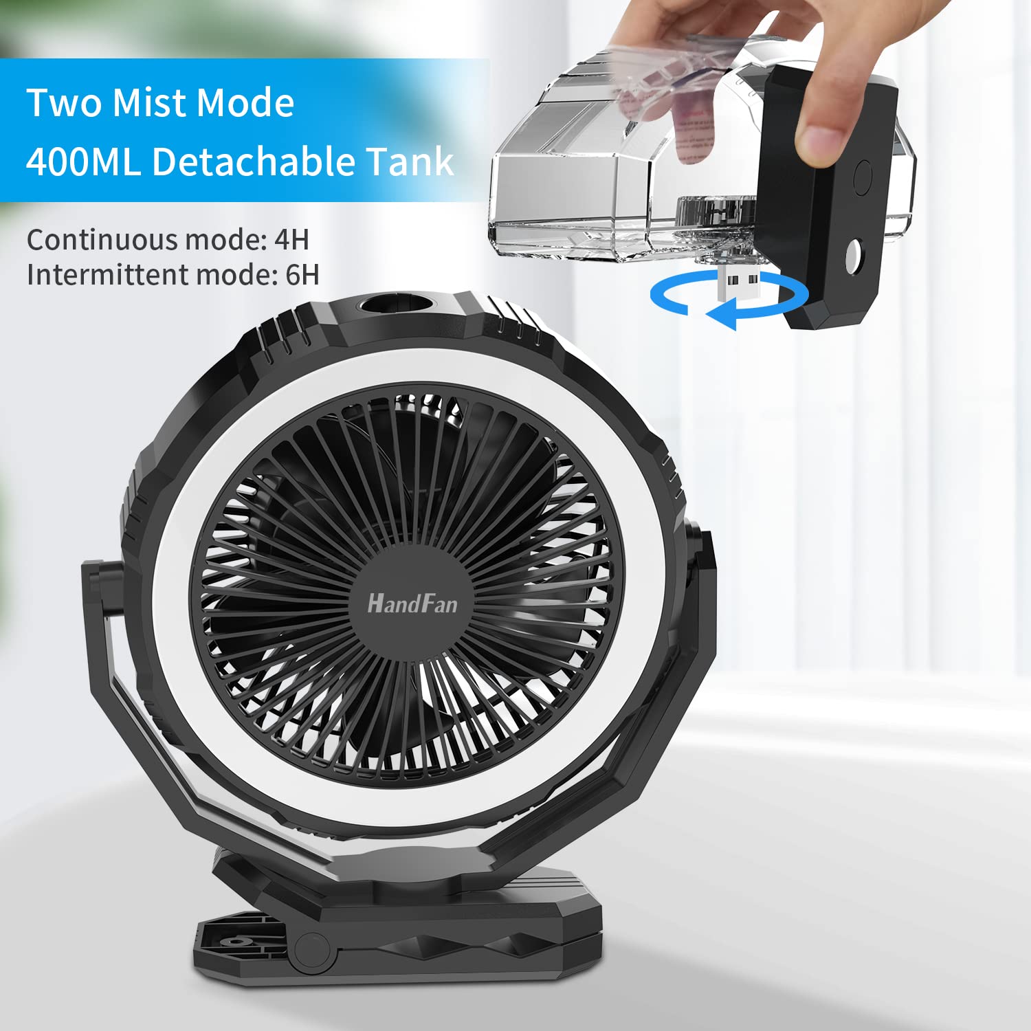 10000mAh Misting Fan Portable with Detachable Water Tank 400ml, 8 Inch Powerful Cool Mist Clip Fan, Battery Operated Rechargeable Fan, 2 Mister Modes, Sleep Timer, LED Lights, for Golf Cart, Outdoors